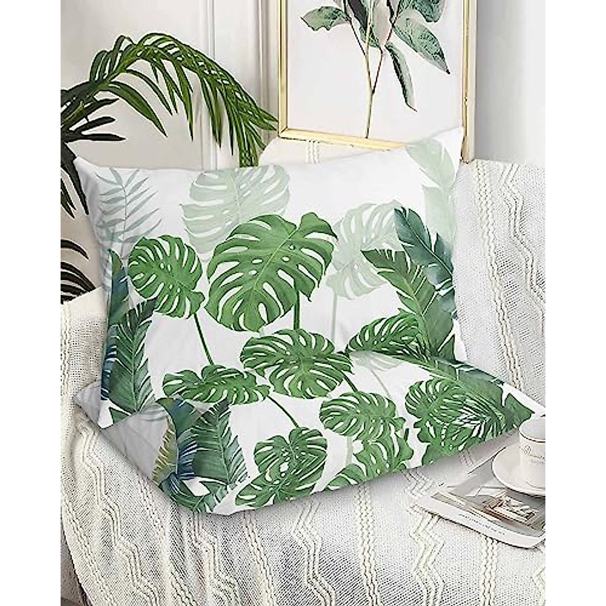 Edwiinsa Teal Tropical Leaves Pillow Covers Queen Size Set of 2 20x30 Bed Pillow, Farmhouse Turquoise Summer Leaf Plush Soft Comfort for Hair/Skin Cooling Pillowcases with Envelop Closure