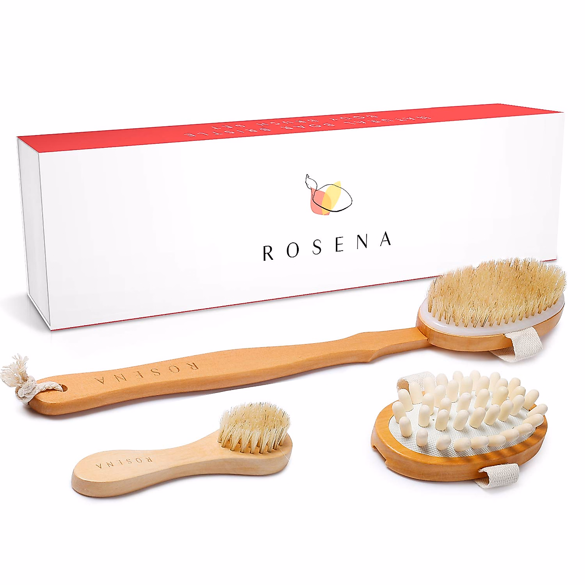 Dry Brushing Body Brush Set – Natural Bristle Spa Exfoliator Kit with Face Cleansing Brush, Long Dry Brushing Body Brush for Lymphatic Drainage & Massaging Cellulite Brush for Smooth, Radiant Skin
