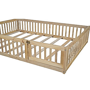 NUGYK Wood Full Size House Platform Bed with Guardrail, Solid Wood Floor Bed Frame with House-Shaped Headboard for Kids, Strong Sturdy Slats Support, Space-Saving Natural