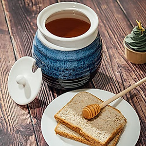 Honey Jar Pot By Gute 6"H - Elegant & Modern Ceramic With Dipper & Lid Rosh Hashanah Gift - Home Kitchen Honey and Syrup, Gorgeous Blue Beehive Honey Jar, Great For Jam, Jelly, 14oz (Ocean Blue)