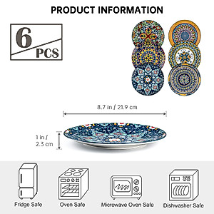 Dessert, Salad Plate Set 8.7 Inch, Colorful Ceramic Plates for Pasta, Appetizer, Snacks - Serving Dishes for Thanksgiving & Christmas, Dishwasher & Microwave Safe, Set of 6 - Bohemian Style