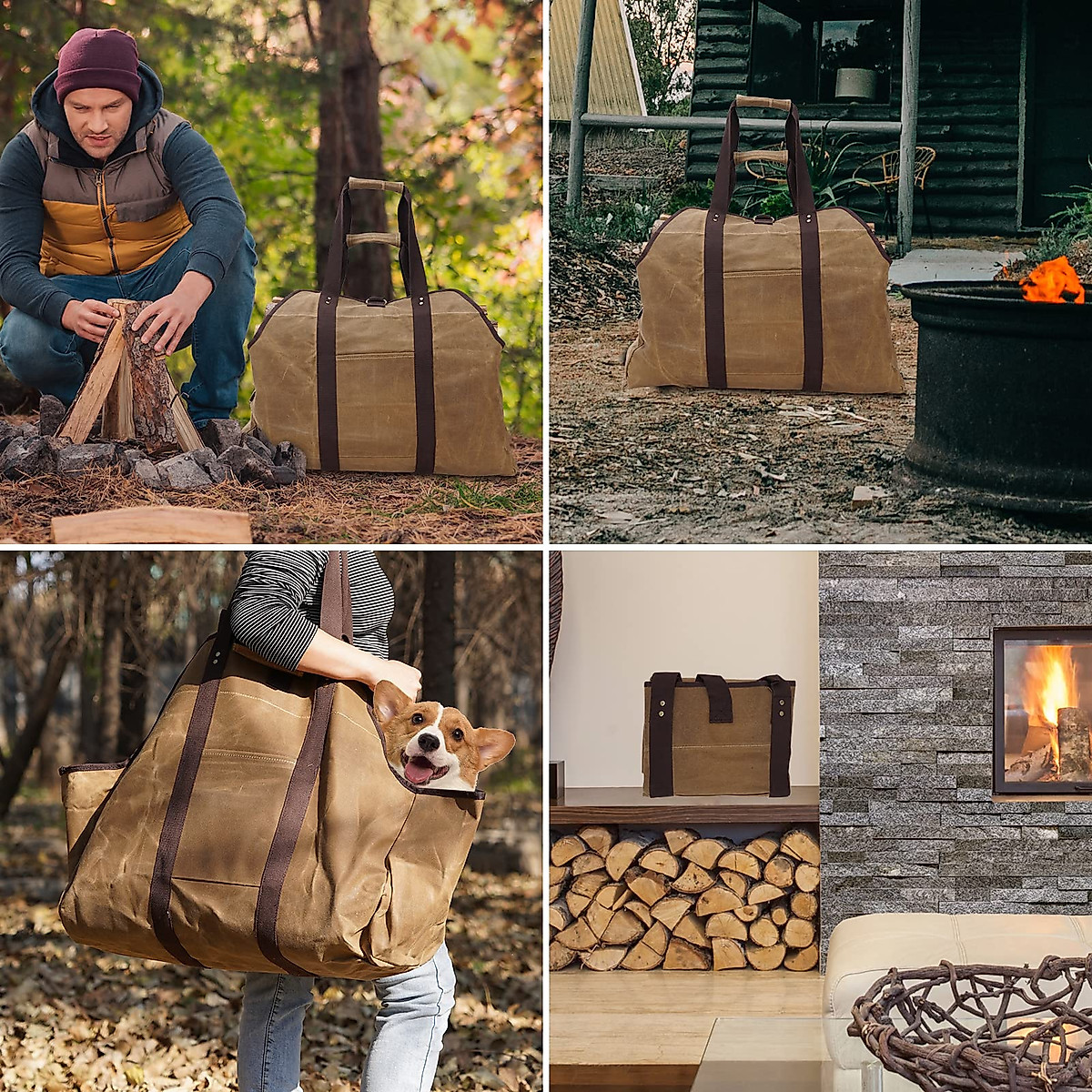 MYFIREPLACEDIRECT Waxed Canvas Log Carrier Tote Bag, Extra Large Durable Firewood Holder with Handles and Shoulder Strap, Heavy Duty Wood Carrying Bag for Fireplaces & Wood Stoves Khaki