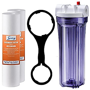 iSpring HC14+ FP15X2 Whole House Transparent Water Filter Housing 10" x FNPT Inlet/Outlet with 2 PP Filters (5 Micron), 1/2", Clear