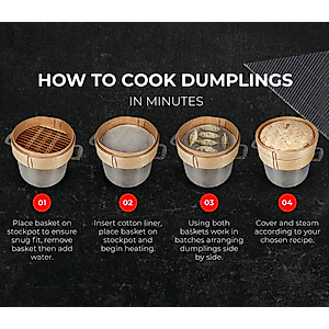 Annie’s Kitchen Complete Set Handmade Bamboo Steamer Baskets, Lid Dumpling Maker with Spoon, 4 Reusable Cotton Liners, 2 sets Chopsticks- For Rice, Vegetables, Fish, Meat, Desserts(10 Inch 2 Tiers)