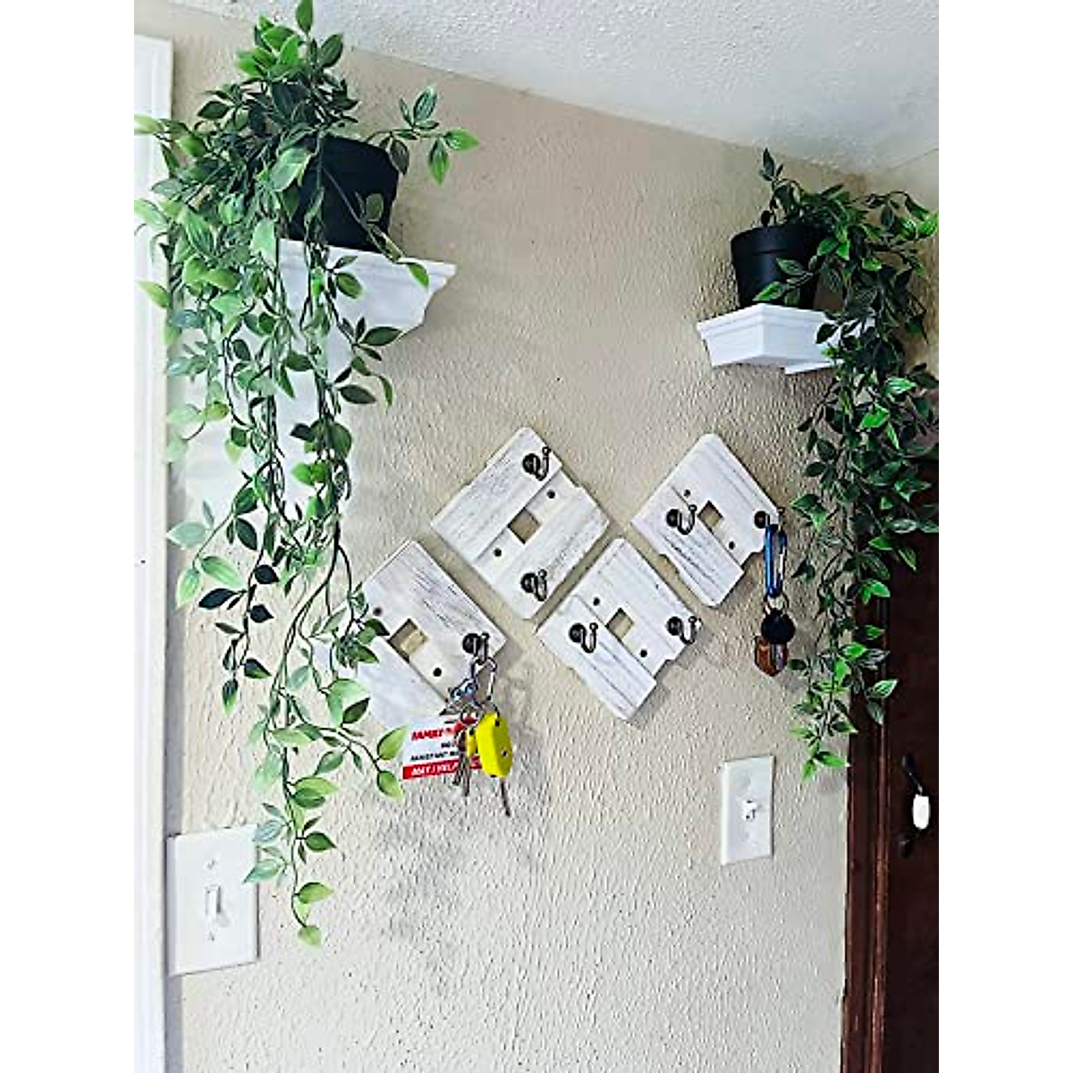 SLLPL Wooden Key Holder Wall Mounted - Coat Hooks for Wall, 4 Pack Wood Wall Hooks for Hanging, Rustic Key Hanger with Hooks for Keys, Coats, Bag, Leash, Key Rack for Entryway, Office, White