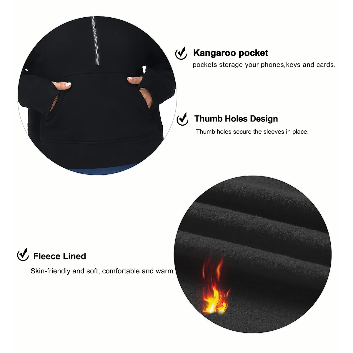 THE GYM PEOPLE Women’s Hoodies Half Zip Long Sleeve Fleece Crop Pullover Sweatshirts with Pockets Thumb Hole Black