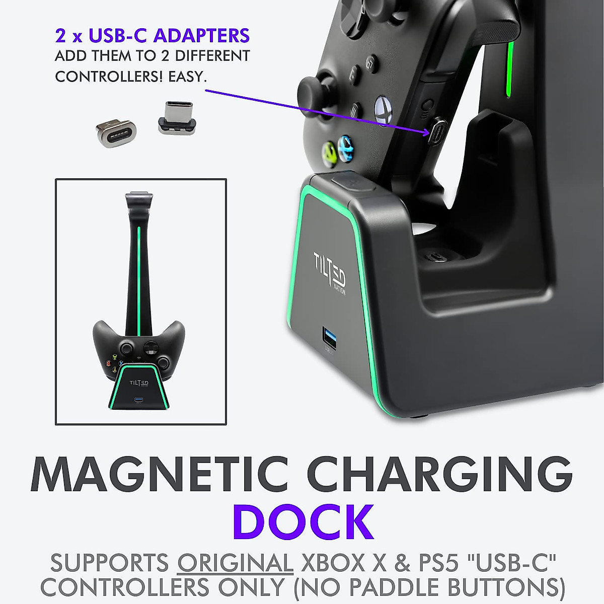 Tilted Nation 3 in 1 Gaming Headset and Controller Stand for PS5 and Xbox Series X Charging Station - Game Controller Holder and Headphone Stand for Desk with Playstation and Xbox Magnetic Charger
