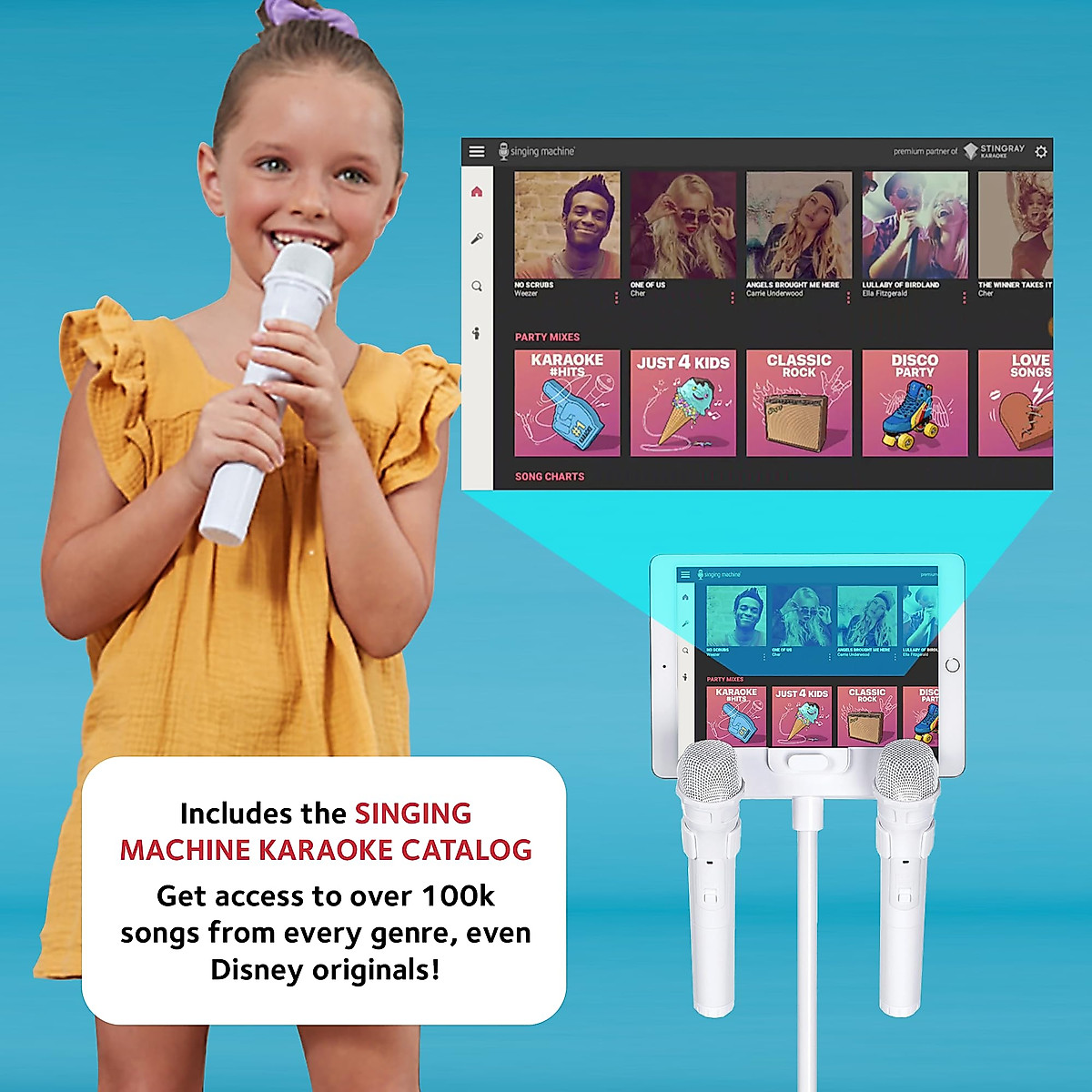 Singing Machine Portable Karaoke Machine for Adults & Kids with 2 Wireless Microphones, Home Stage (White) - Built-in Karaoke Speaker, Bluetooth with LED Lights - Karaoke System with Voice Enhancer
