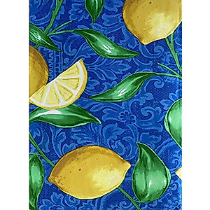Newbridge Provence Blue and Yellow Lemon Print Vinyl Flannel Backed Tablecloth, French Provencal Lemon Damask Design Waterproof Patio, Kitchen Tablecloth, 52 Inch x 70 Inch Oblong/Rectangle