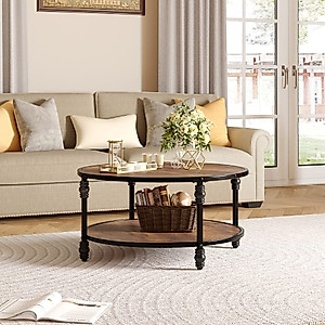 IDEALHOUSE Round Coffee Table for Living Room Rustic Center Table with Storage Shelf Wood Circle Coffee Table with Sturdy Metal Legs, Easy Assembly