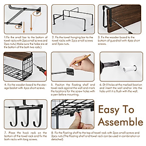 Behaesty Towel Racks for Bathroom, Wall Towel Holder for Rolled Towels with Wooden Shelf & 3 Hooks, Bathroom Towel Storage for Large Towels, Small Towels, Hand Towels, Bath Organizer Decor