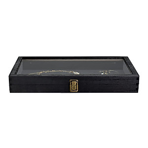 MOOCA Wood Tempered Glass Top Jewelry Display Case Accessories Storage Box with Metal Clasp, Wooden Jewelry Tray for Collectibles, Pocket Knife Display Case, Black