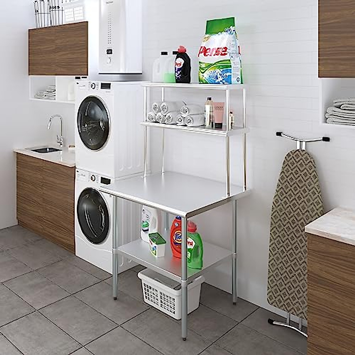 30" x 36" Stainless Steel Work Table with 12" Wide Double Tier Overshelf | Metal Kitchen Prep Table & Shelving Combo