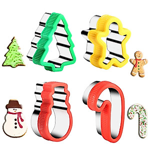 Tmflexe Stainless Steel Christmas Cookie Cutters with Comfort Grip for Christmas Party and Baking Gift, Happy Gingerbread Man,Christmas Tree,Candy Cane,Snowman 4 Styles
