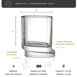 JoyJolt Aqua Vitae Premium Whiskey Glass Set of 2. Square Whiskey Glasses with Off Set Base. Old Fashioned Rocks Glasses for Scotch and Bourbon. Whiskey Tumbler Gifts for Men