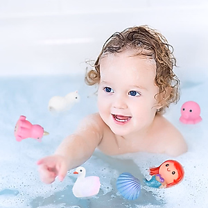 Bath Toys for Toddlers 1-3, No Hole Cute Light Up Bathtub Toys Floating Rubber Sea Animal Set with Flashing Colorful LED Light Unicorn Mermaid for Bathroom Shower Swimming Pool Party for Baby Girl Boy