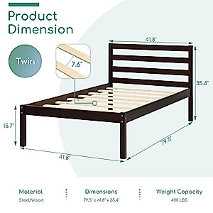 Airdown Twin Size Bed Frame No Box Spring Needed, Metal Platform Bed Frame Twin with Wooden Headboard, Mattress Foundation with Wood Slat Support, Easy Assembly, Noise-Free
