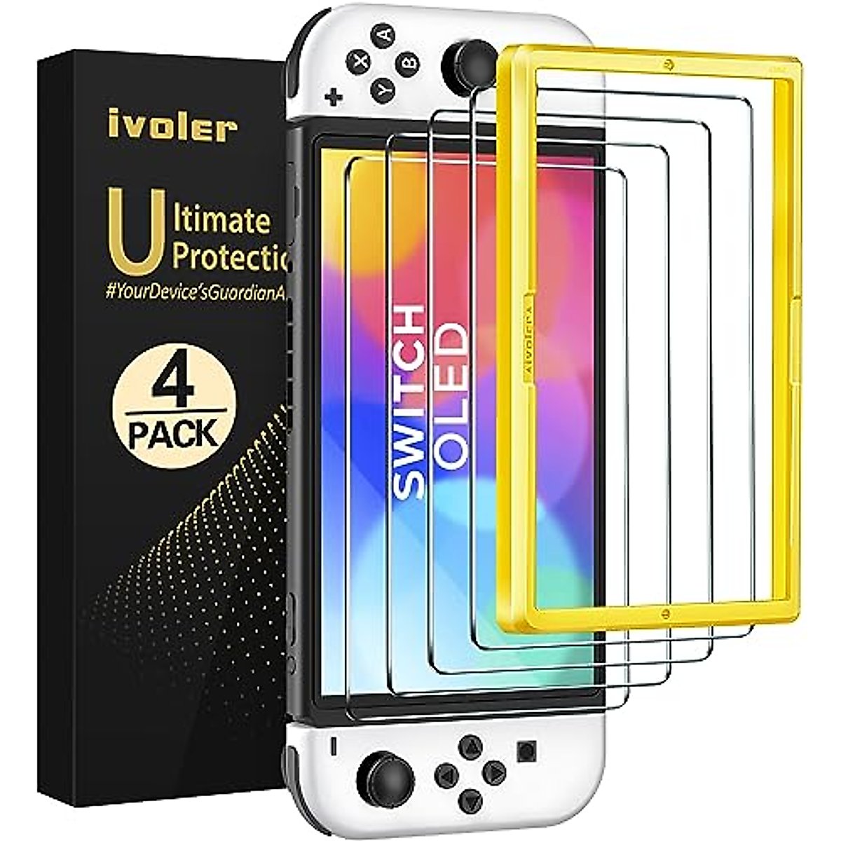 ivoler [4 Pack Tempered Glass Screen Protector Designed for Nintendo Switch OLED Model 2021&2023 with [Alignment Frame] Transparent HD Clear[Updated Version] Screen Protector for Switch OLED 7''