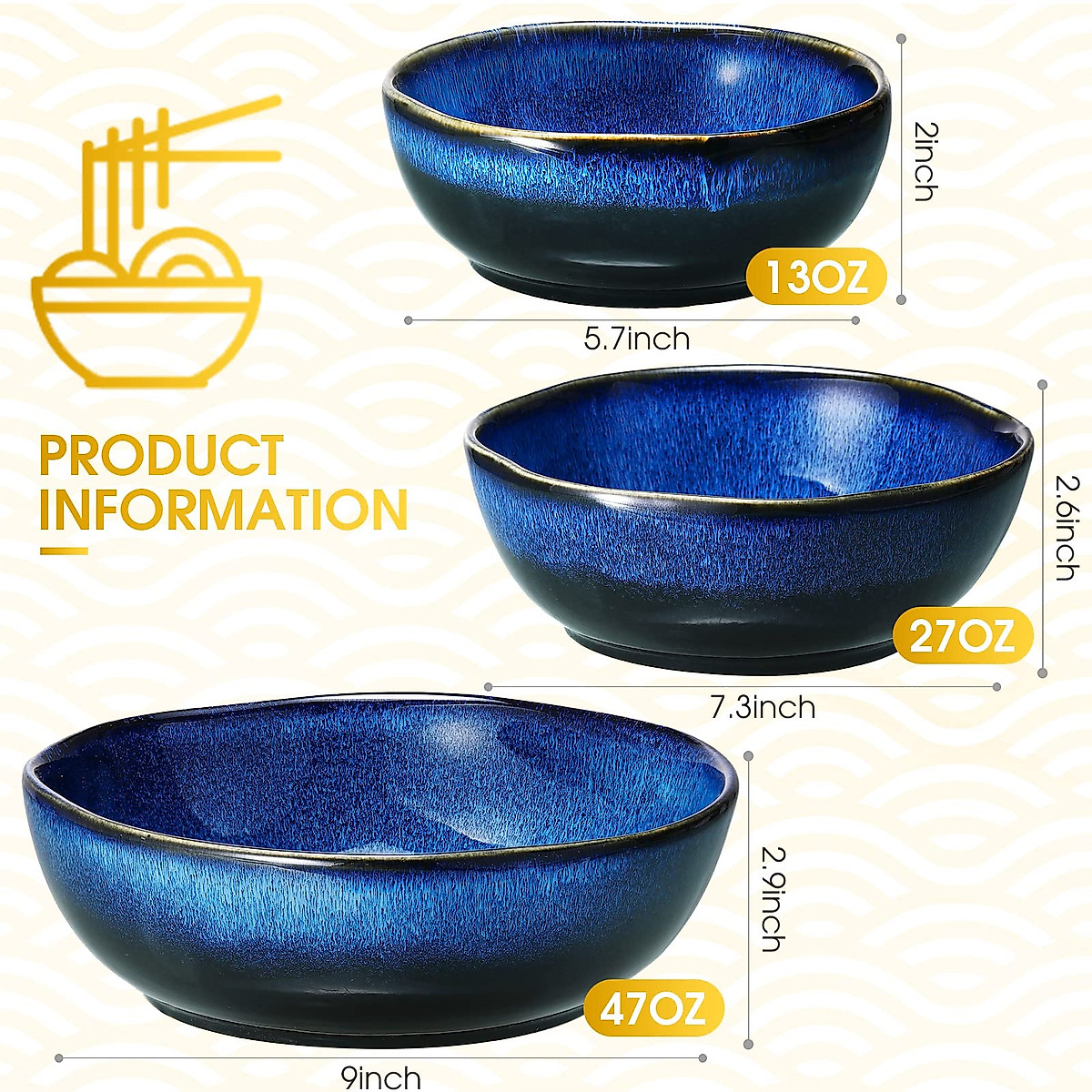 3 Pieces Ceramic Salad Bowls Ramen Bowls Blue Mixing Bowls Porcelain Serving Bowls Ceramic Microwave and Dishwasher Safe for Soup Pasta Noodles Salad Nesting Bowls, 13 Oz 27 Oz 47 Oz