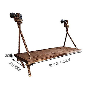 PIBM Stylish Simplicity Shelf Wall Mounted Floating Rack Shelves Hemp Rope Solid Wood Computer Desk Coffee Shop Bar Bearing Strong,5 Sizes, Wood , 100x60x3cm