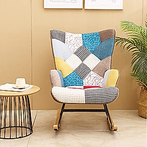 AISEER Rocking Chair, Mid Century Fabric Rocker Chair with Wood Legs and Patchwork Linen for Livingroom Bedroom