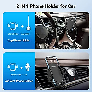 VOXON Cup Holder Phone Mount with Car Vent Clip, [2 Mounting Options], Adjustable Stable Long Arm Cup Car Phone Holder Cradle Compatible with iPhone Samsung Pixel All Phones