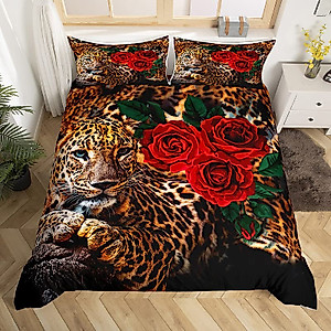 Feelyou Leopard Bedding Set for Girls Boys Kids Rose Cheetah Print Comforter Cover Set Room Decorative Leopard Pattern Duvet Cover Safari Yellow Red Bedspread Cover Room Decor Quilt Cover Queen Size