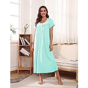 MZROCR Cotton Women Nightgowns Lightweight Soft Night Gowns for Adult Women Short Sleeves Sleepshirts Ladies Long Sleepwear Aqua Green