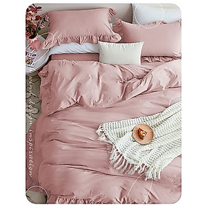 Omelas Blush Pink Ruffled Duvet Cover Set Twin Size Vintage Ruffle Fringe Comforter Cover Solid Color Farmhouse Rustic Single Bedding Soft Microfiber,Zipper Closure,1 Sham (Mauve Pink, Twin)