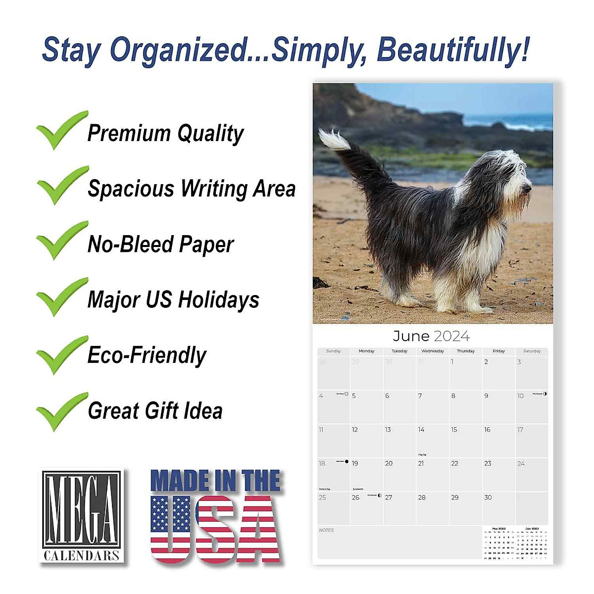 2023 2024 Bearded Collie Calendar - Dog Breed Monthly Wall Calendar - 12 x 24 Open - Thick No-Bleed Paper - Giftable - Academic Teacher's Planner Calendar Organizing & Planning - Made in USA