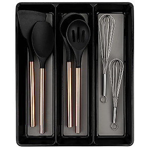 LIVORINI Kitchen Utensils Organizer | Utensil Tray Holder | Large Non-Slip Cutlery Drawer Organizer, 3 Compartment Multi-Purpose Home Organization, Black Utensil Organizer