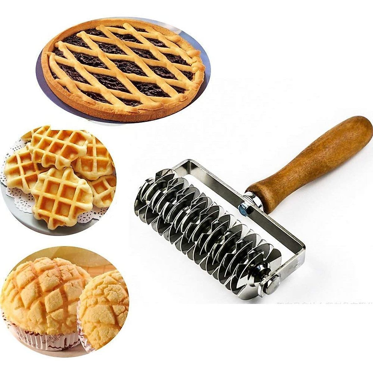 Stainless Steel Dough Lattice Top Cookie Pie Pizza Bread Pastry Crust Roller Cutter,Wood Handle