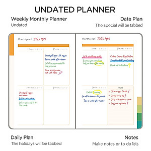 Undated Academic Weekly and Monthly Planner for 2023, 2024 and 2025, 5.75"x 8.2" 12 Month Spiral Planner with Tabs, Thick Paper, Twin-Wire Binding, Inner Pocket, 4 Sheets Stickers Rainbows