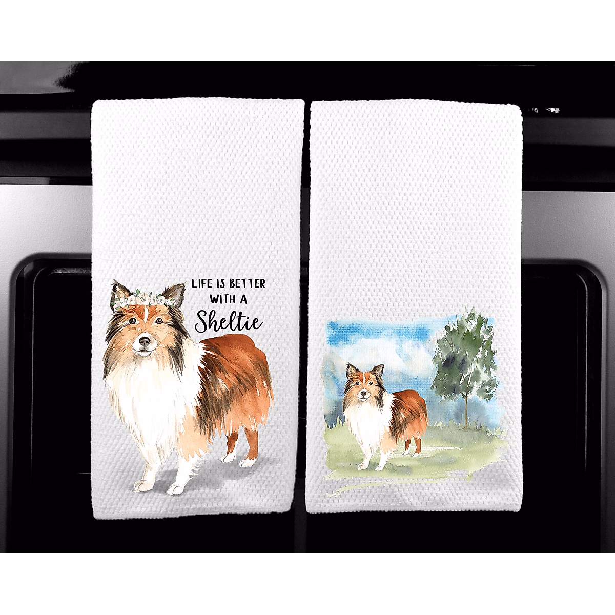 Sheltie Landscape and Watercolor Dog Life is Better Microfiber Kitchen Tea Towel Set of 2