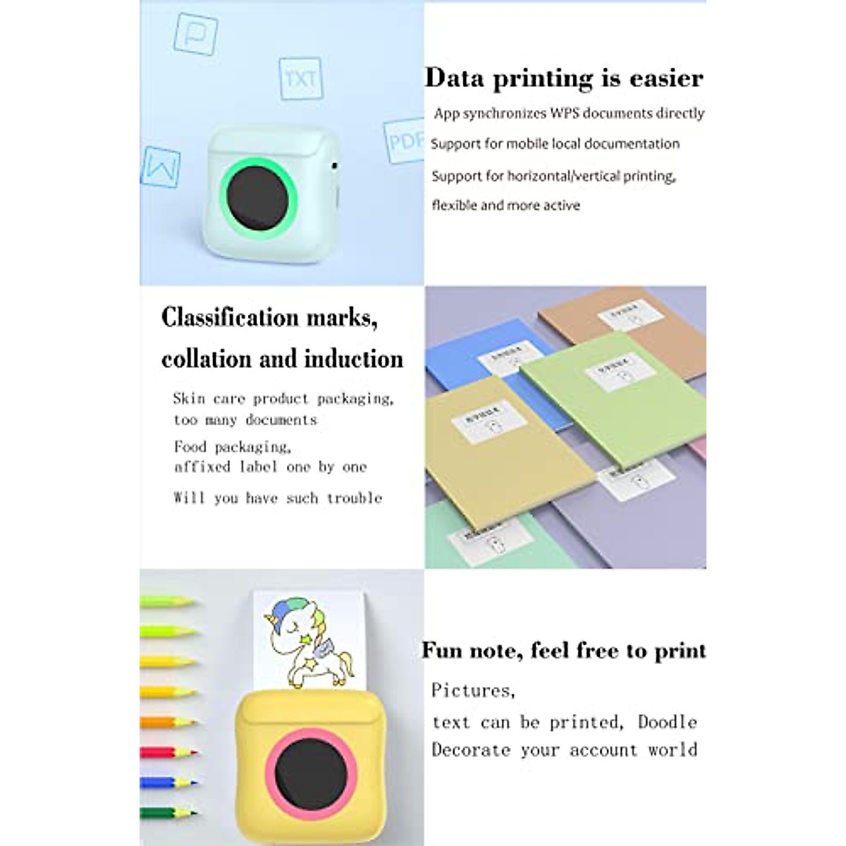 EKIDAZ Portable Printer, Mini Pocket Wireless Bluetooth Thermal Printers with Printing Paper for Smartphone, Inkless Printing for DIY Journal, Photos, Notes, Children Women Gifts (White)