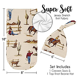 Sweet Jojo Designs Wild West Cowboy Baby Boy Cocoon and Beanie Hat 2pc Set Jersey Stretch Knit Sleeping Bag for Infant Newborn Nursery Sleep Wrap Sack - Red, Blue, Tan Western Southern Country Horse