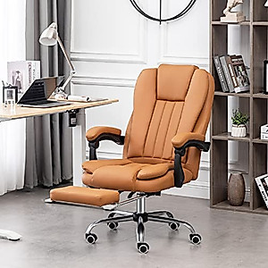 Erinnyees Executive Office Chair, PU Ergonomic Chair with Footrest and Linkage Armrests, 90°-155° Reclining Office Chair, 360° Swivel Computer Desk Chair with Back Support, Brown
