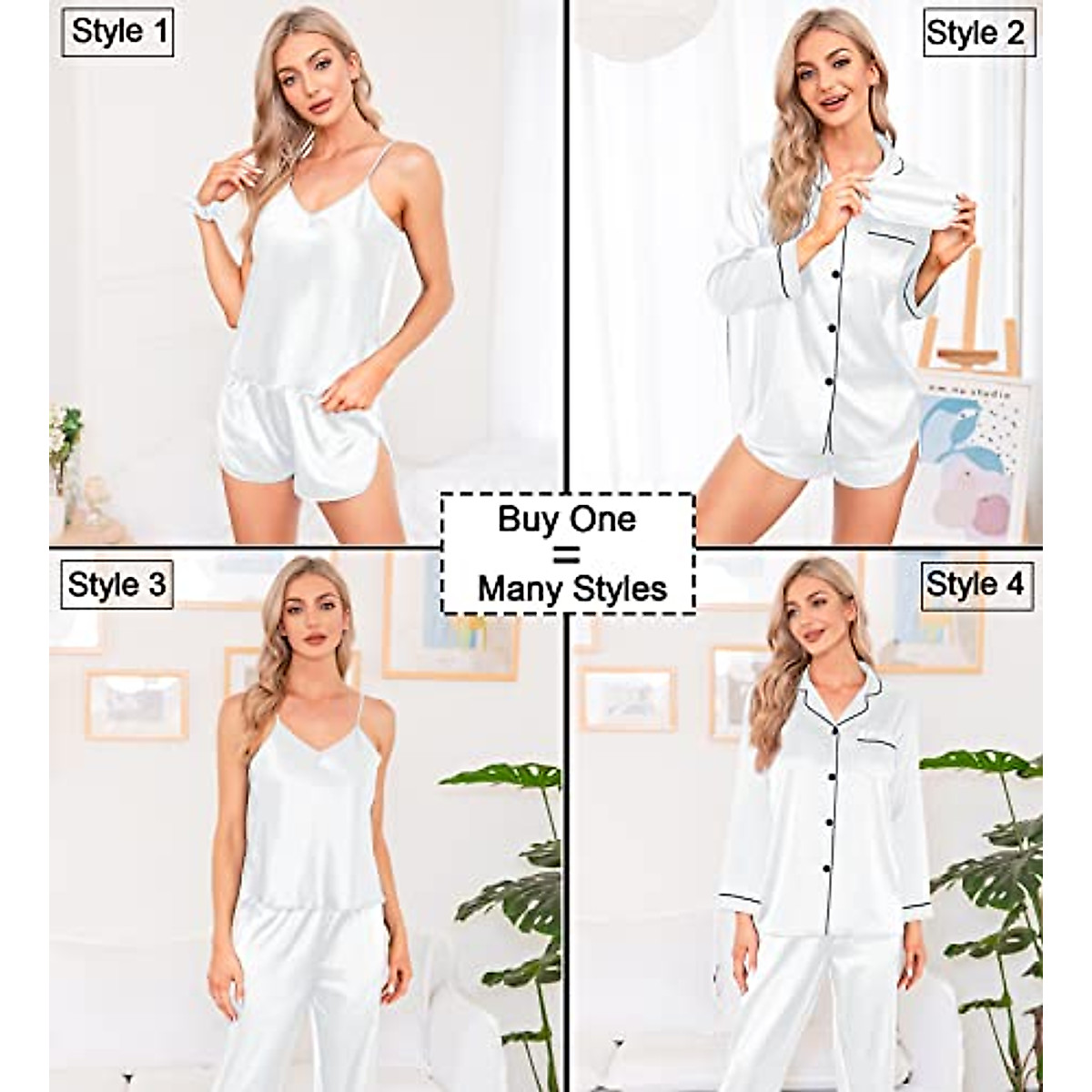 SWOMOG Women's 7 Pcs Silk Satin Pajamas Set Long Sleeve Button Down Sleepwear Cami Shorts Pjs Set with Eye Mask (as1, alpha, x_l, regular, regular, White)