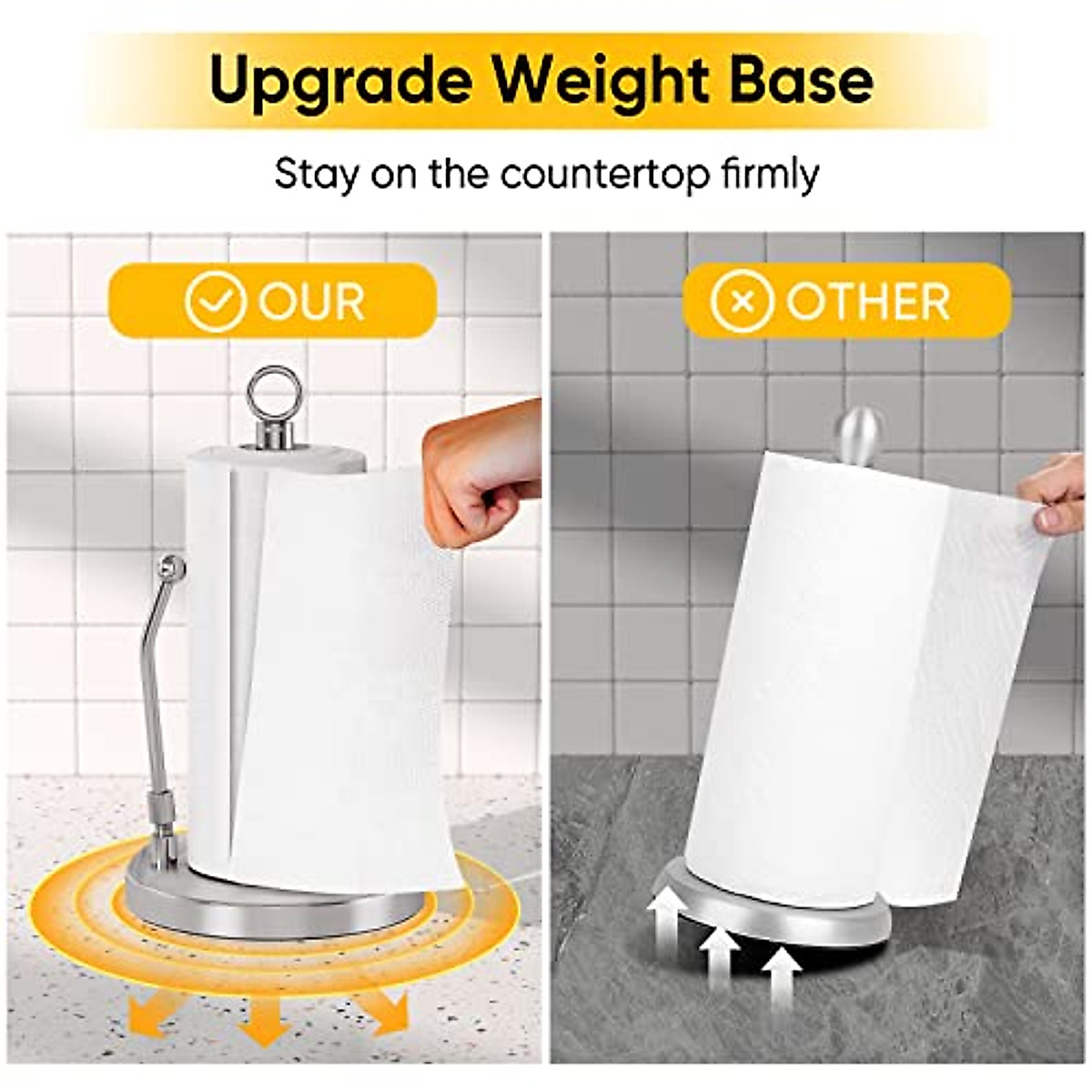 Paper Towel Holder Stainless Steel - One Hand Tear Paper Towel Dispenser Standing Weighted Base Non Slip, Spring Arm, Stainless Steel Paper Towel fits in Kitchen Bathroom Countertop Silver