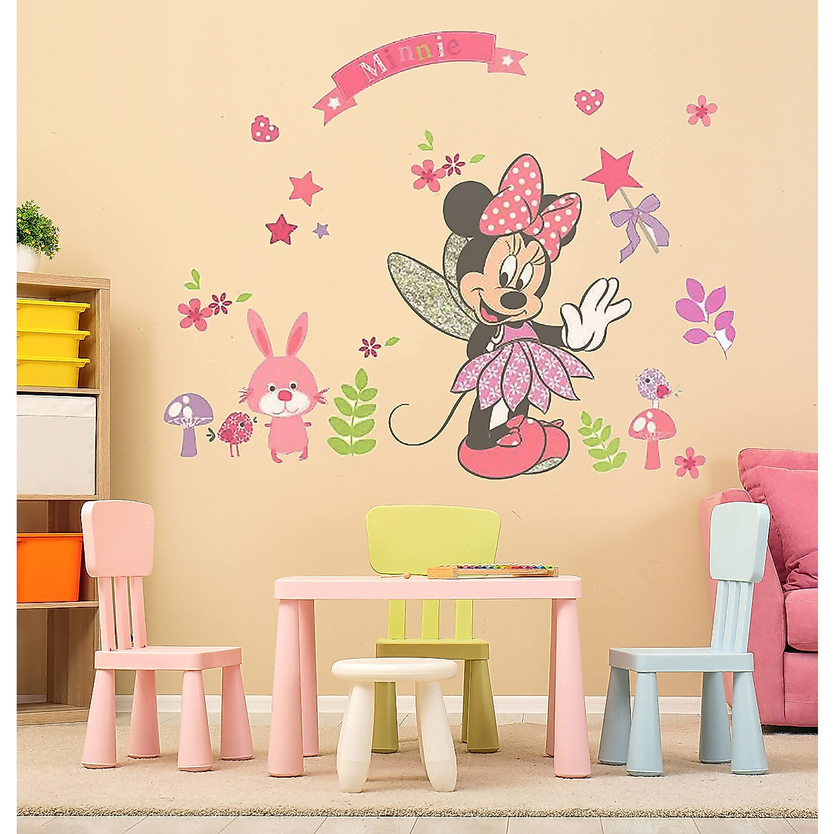 Large Mickey and Minnie Mouse Wall Decals for Kids Baby Bedroom Nursery, Disney Mirror Window Walls Stickers Removeable Vinyl Cartoon Peel and Stick (Minnie Pink)