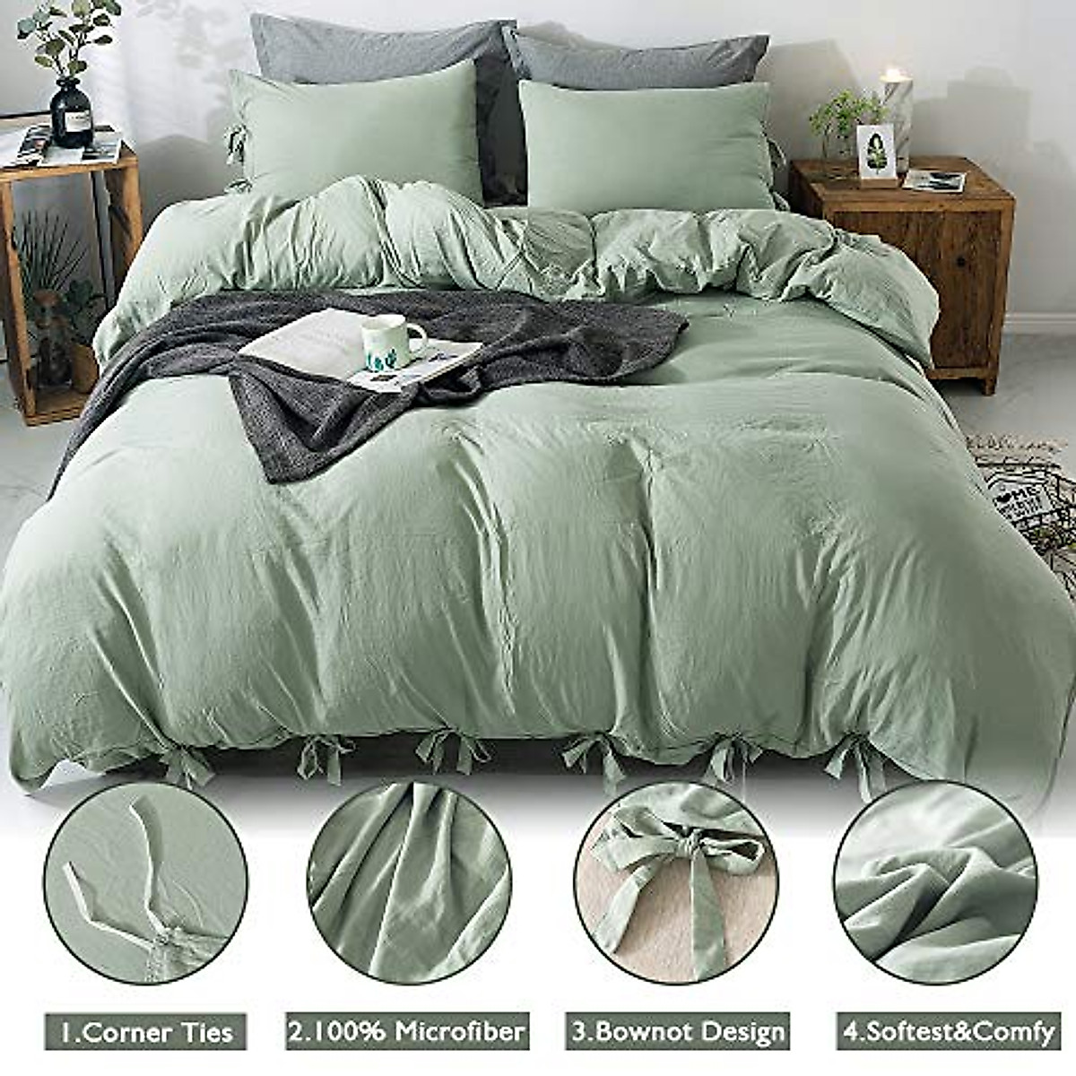 annadaif Sage Green Duvet Cover California King, 3 Pieces Bowknot Ultra Soft Washed Microfiber Bowknot Duvet Cover Set, Easy Care Bedding Set for Men, Women, Boys and Girls