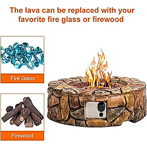 Renatone 40,000 BTU Propane Gas Fire Pit, 28 Inch Round Stone Fire Pit with PVC Cover, Lava Rock, 10ft Gas Pipe, ETL Certified, Stainless-Steel Gas Burner for Patio Garden Backyard Deck (Brown)