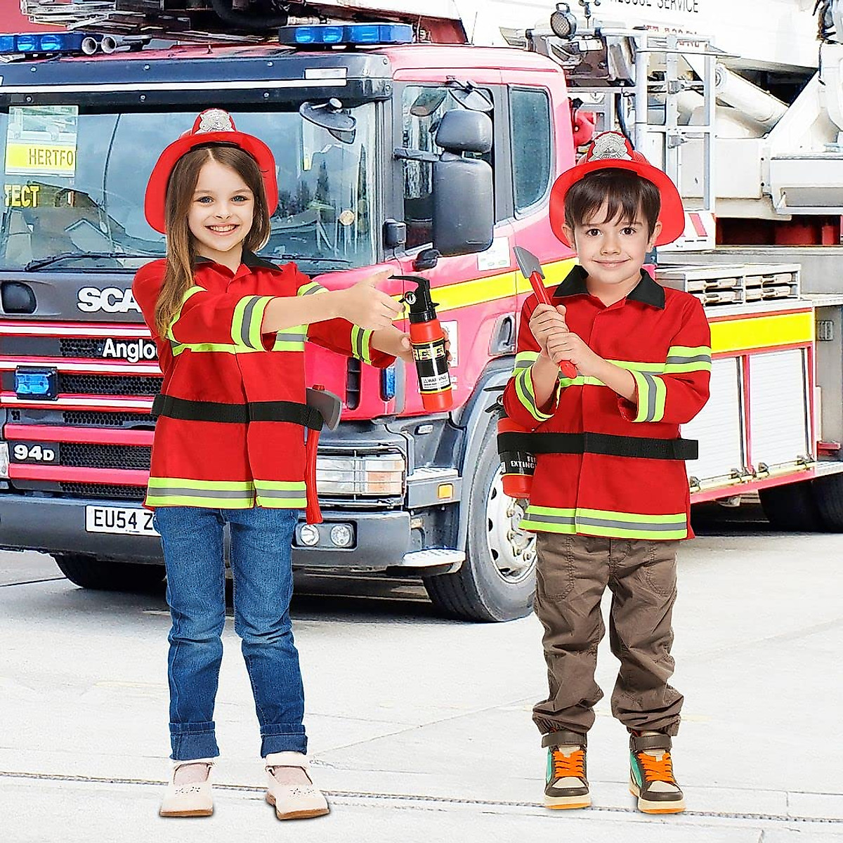 Firefighter Costume for Kids - Fireman Toddler Dress Up Set for Pretend Play or Birthday Party - Red Fire Fighter Uniform with Accessories for Boys and Girls