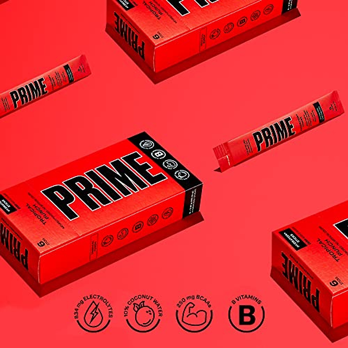 PRIME HYDRATION+ Sticks Tropical Punch | Hydration Powder Single Serve Sticks | Electrolyte Powder On The Go | Low Sugar | Caffeine-Free | Vegan | 6 Sticks