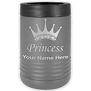 LaserGram Double Wall Insulated Beverage Can Holder, Princess Crown, Personalized Engraving Included (Standard Can, Gray)