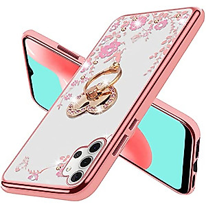 for Samsung Galaxy A32 5G Phone Case, Glitter Crystal Butterfly Heart Floral Slim TPU Luxury Bling Diamond Rhinestone Cute for Girls Women Case with Ring Stand+Strap for Galaxy A32 5G-Rose Gold