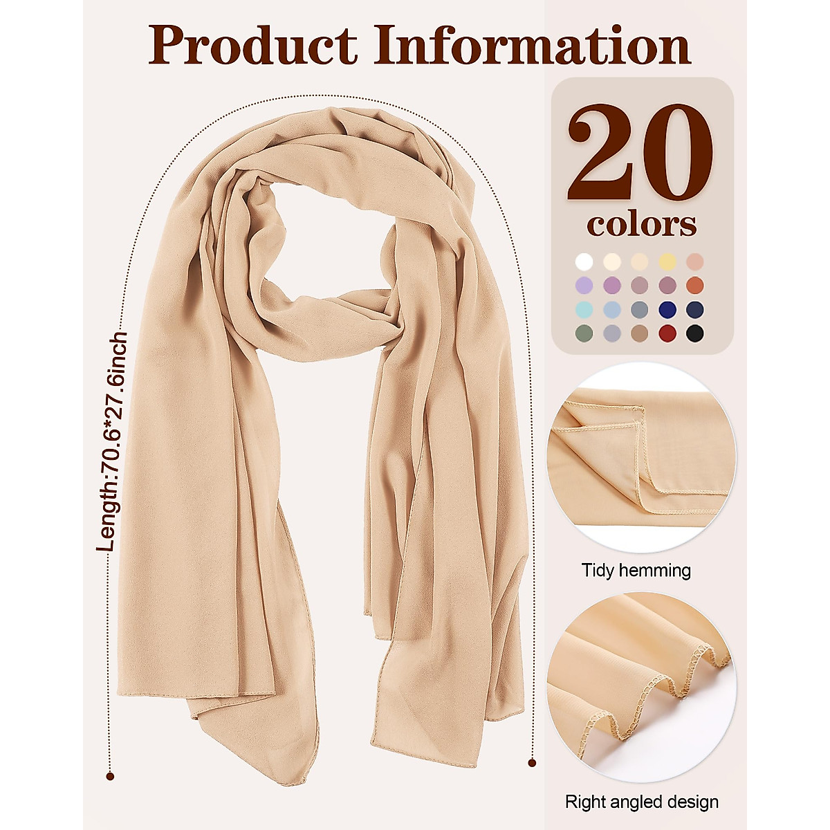 Mepase 20 Pack Chiffon Hijab Head Scarves for Women Soft Hijab Long Scarf Wrap for Muslim Women Lightweight, 20 Colors