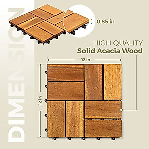 Wood Interlocking Flooring Tiles (Pack of 10, 12" x 12"), Solid Wood Acacia Deck Tiles Interlocking, Patio Tiles Outdoor Interlocking Waterproof All Weather (8 slat, Natural Color)