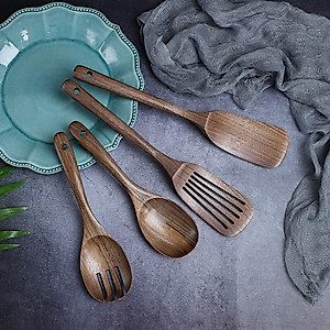 Wooden Spoons Spatula for Cooking，Walnut Wooden Kitchen Cooking Utensil Set 4 Pcs Cookware Household Shovel Spoon Fork Cooking Set Handmade Kitchen Tableware