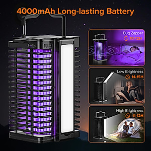 Solar Bug Zapper for Outdoor Indoor, Cordless & Rechargeable Mosquito Zapper with Reading Lamp, 4200V High Powered Mosquito Killer Insect Fly Trap 4000mAh Battery for Home, Patio, Camping